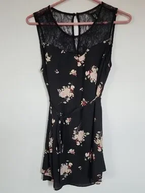 stork & babe | Tops | Black Floral Lace Yoke Mini Dress With Pink Roses ...